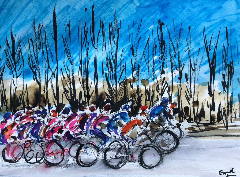 Cycling the aftermath of fire - Cycling Drawing – Garth Bayley Art