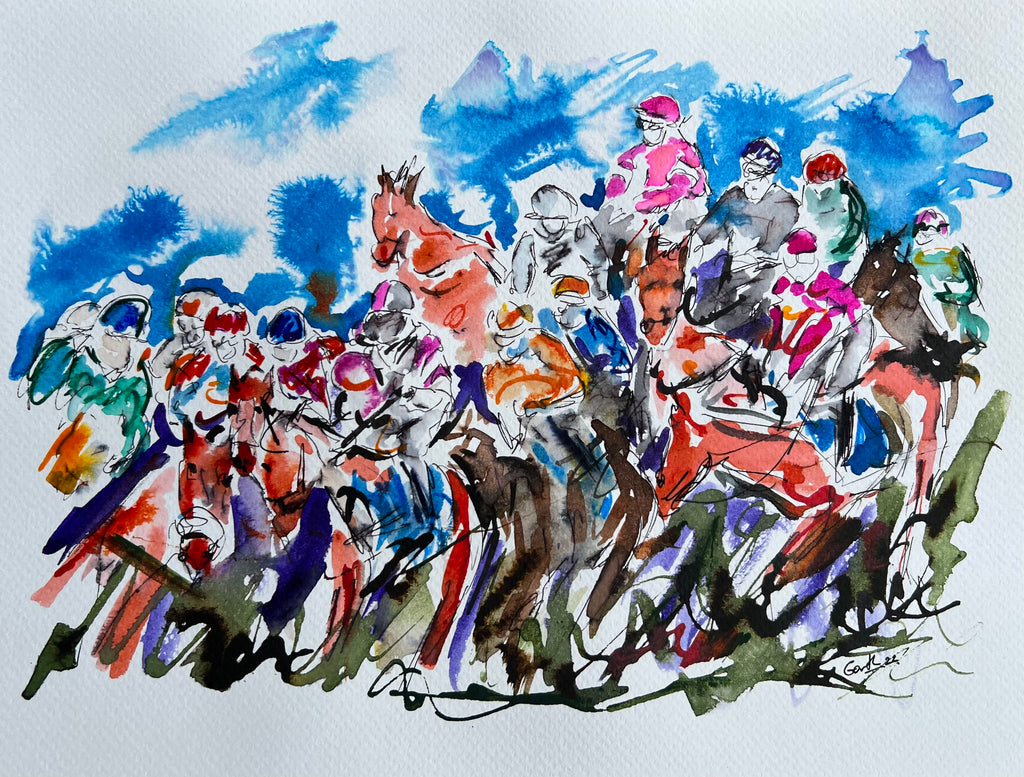 Over the Hedge: Grand National - Horse racing painting – Garth Bayley Art